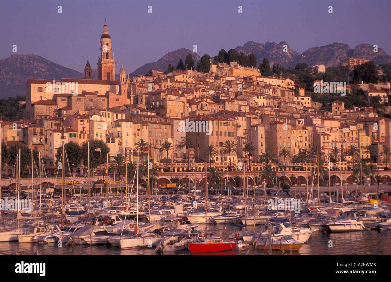 EU, France, Cote D'Azur / Riviera, Menton, Harbor and old town Stock ...
