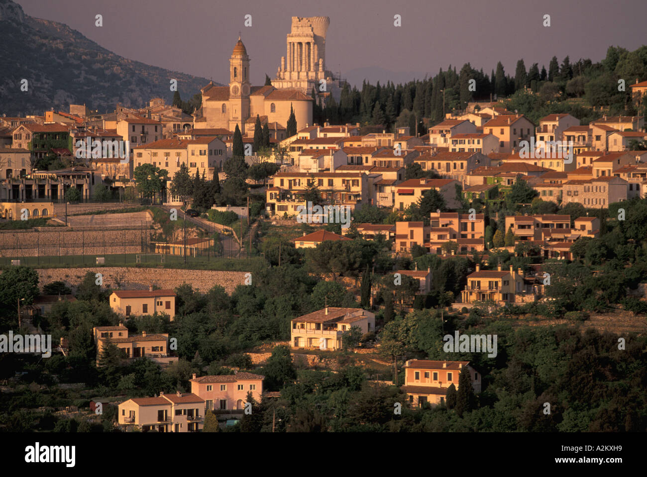 Europe, France, Cote D'Azure, La Turbe. Town view with Trophee des Alps ...