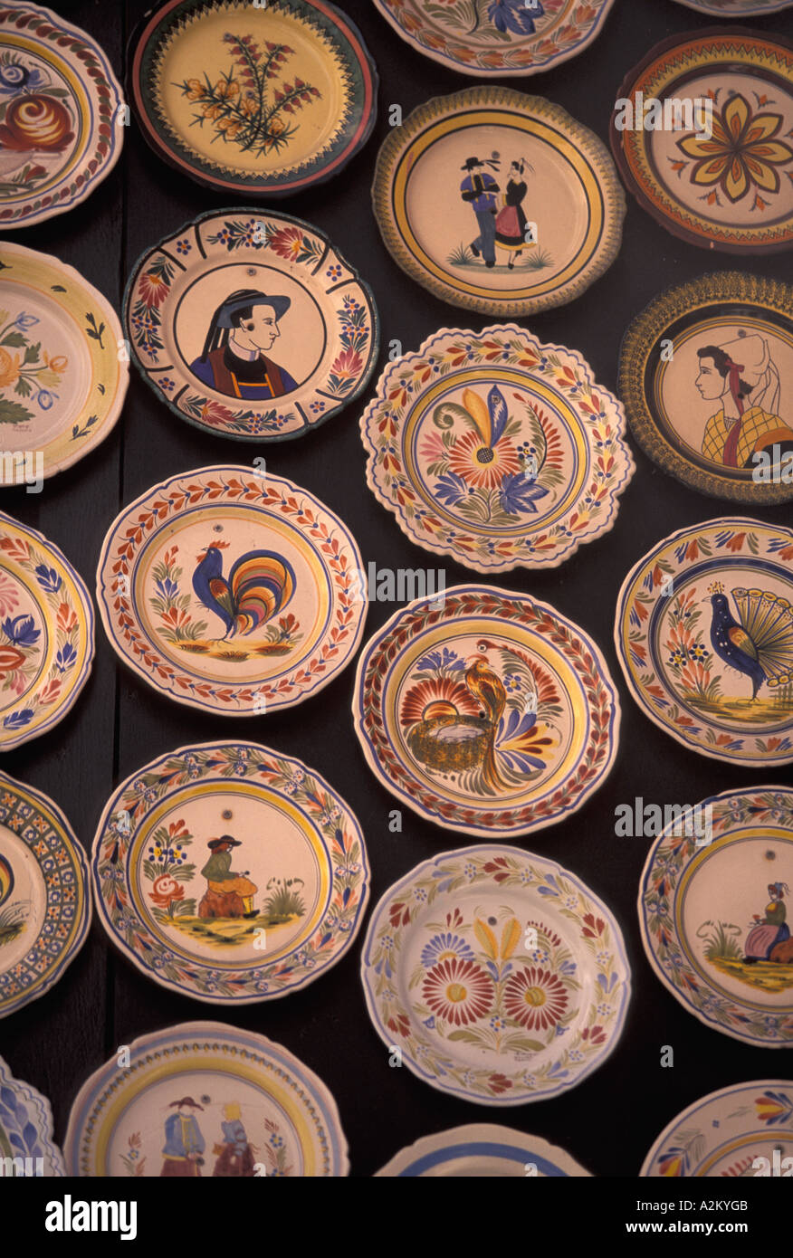 EU, France, Brittany, Finistere, Quimper, Faience plate details. Breton ...
