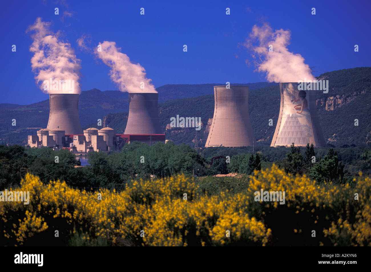 EU, France, Rhone Valley, Drome, Pierrelatte. Nuclear reactor towers by ...