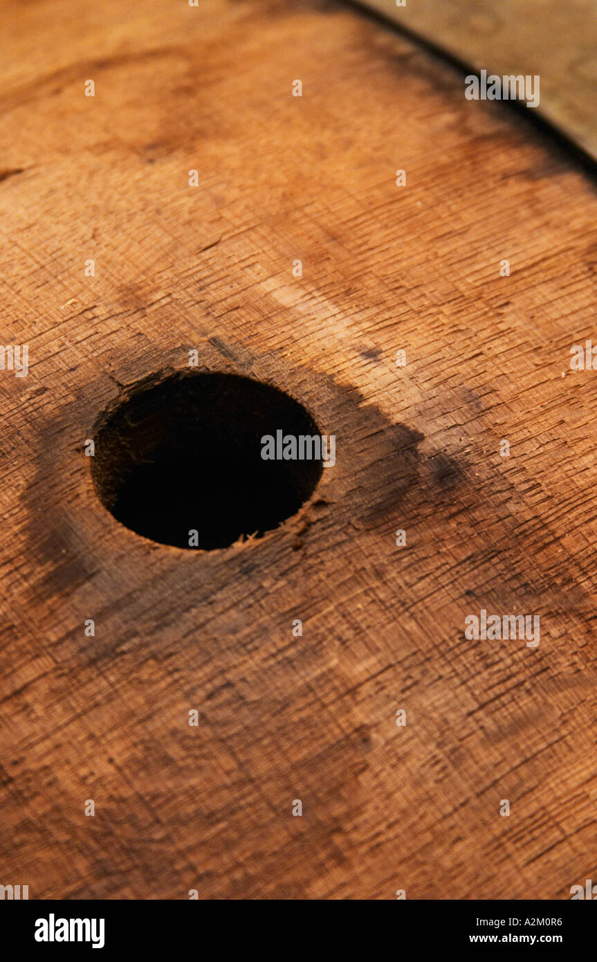 A wine barrel with the bung hole to take a sample. Domaine Viret, Saint ...