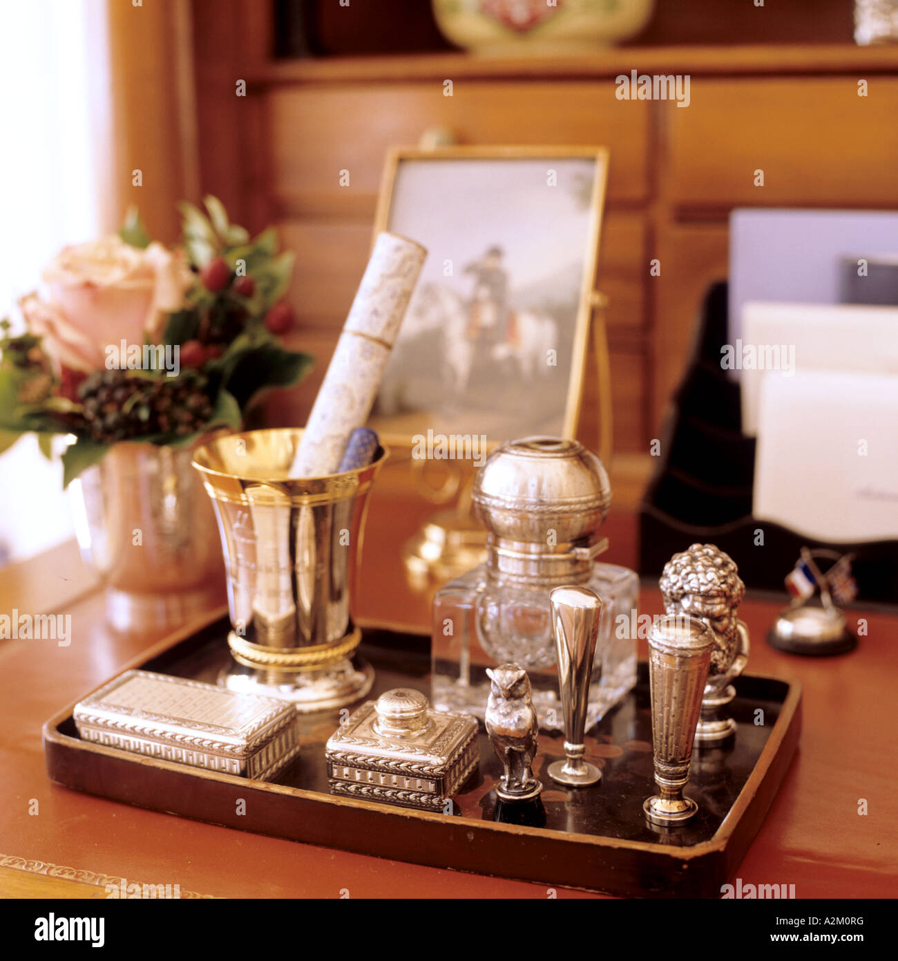 Tray of silverware and stationery on a writing desk Stock Photo - Alamy