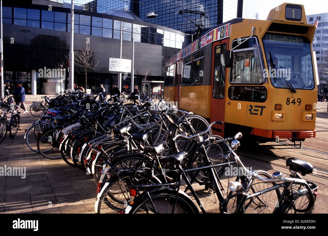 Rotterdam tram and bicycle rack central Rotterdam Stock Photo - Alamy