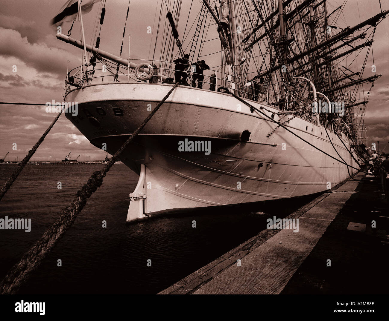 Toned monochrome image of sailing ship in Leith Docks Edinburgh ...
