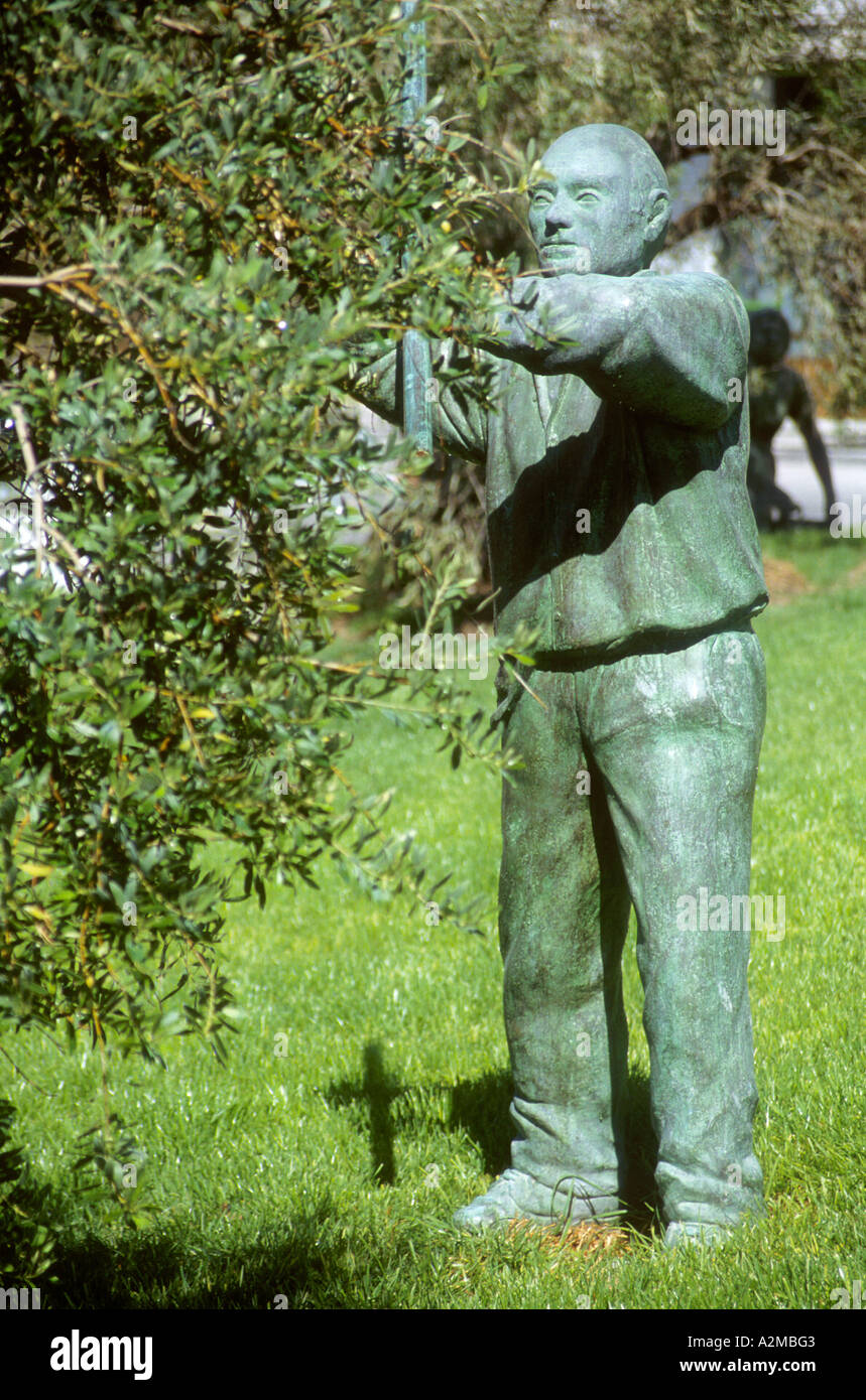 Bronze statue of a male olive grove worker amidst the olive trees Stock ...