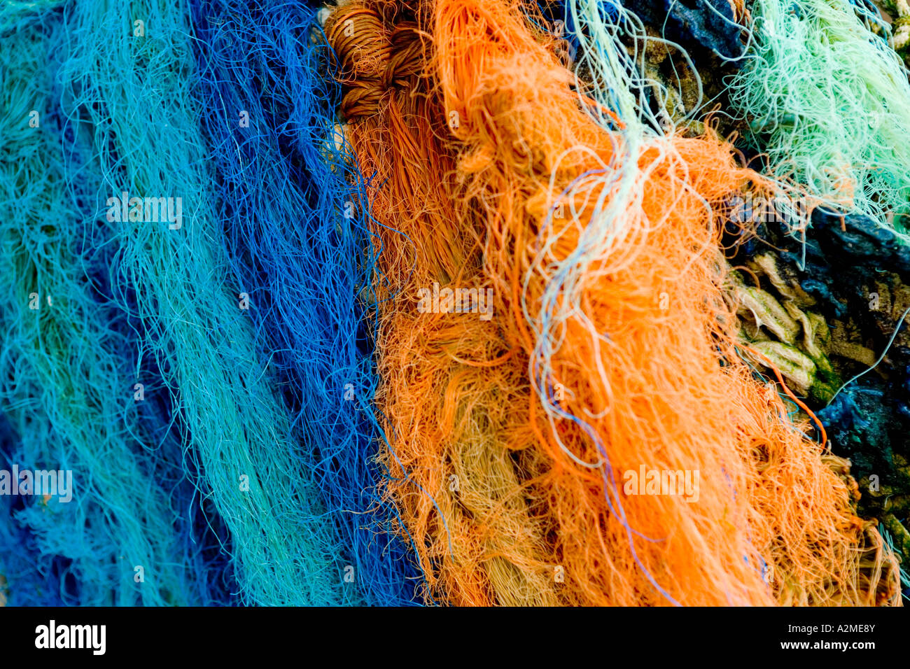 Close-up of colourful fishing nets, ropes and twine Stock Photo - Alamy