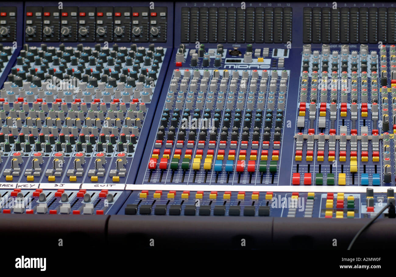 Closeup sound mixer audio console faders and equalisation controls in a ...