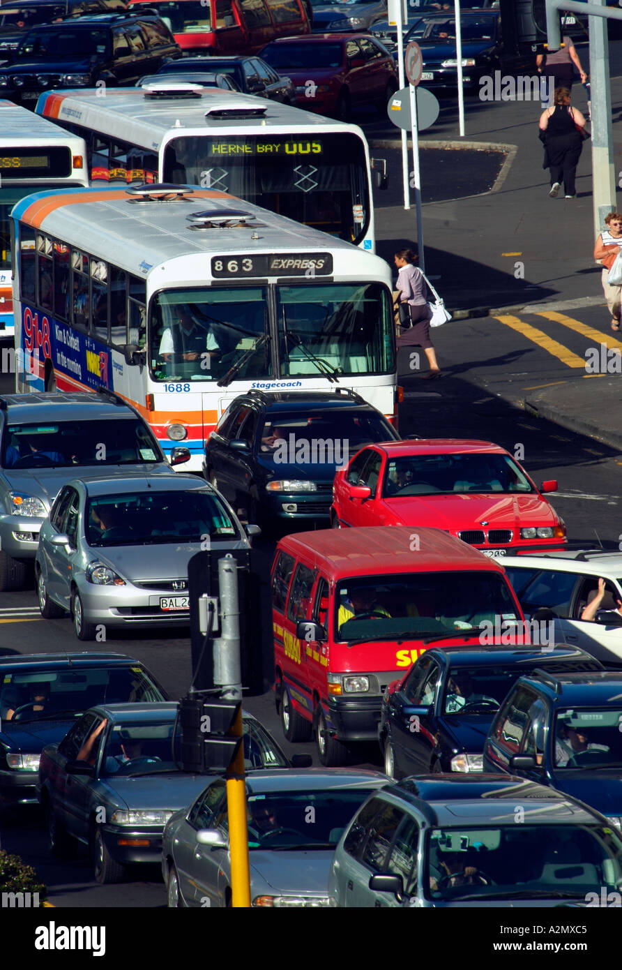 Rush hour traffic and public transport downtown Auckland City New ...