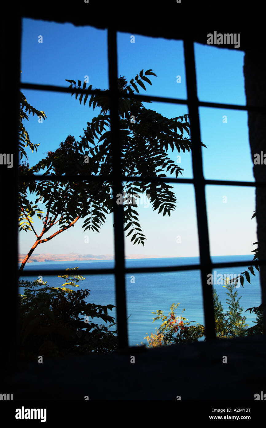 greek coastal view through window Stock Photo - Alamy