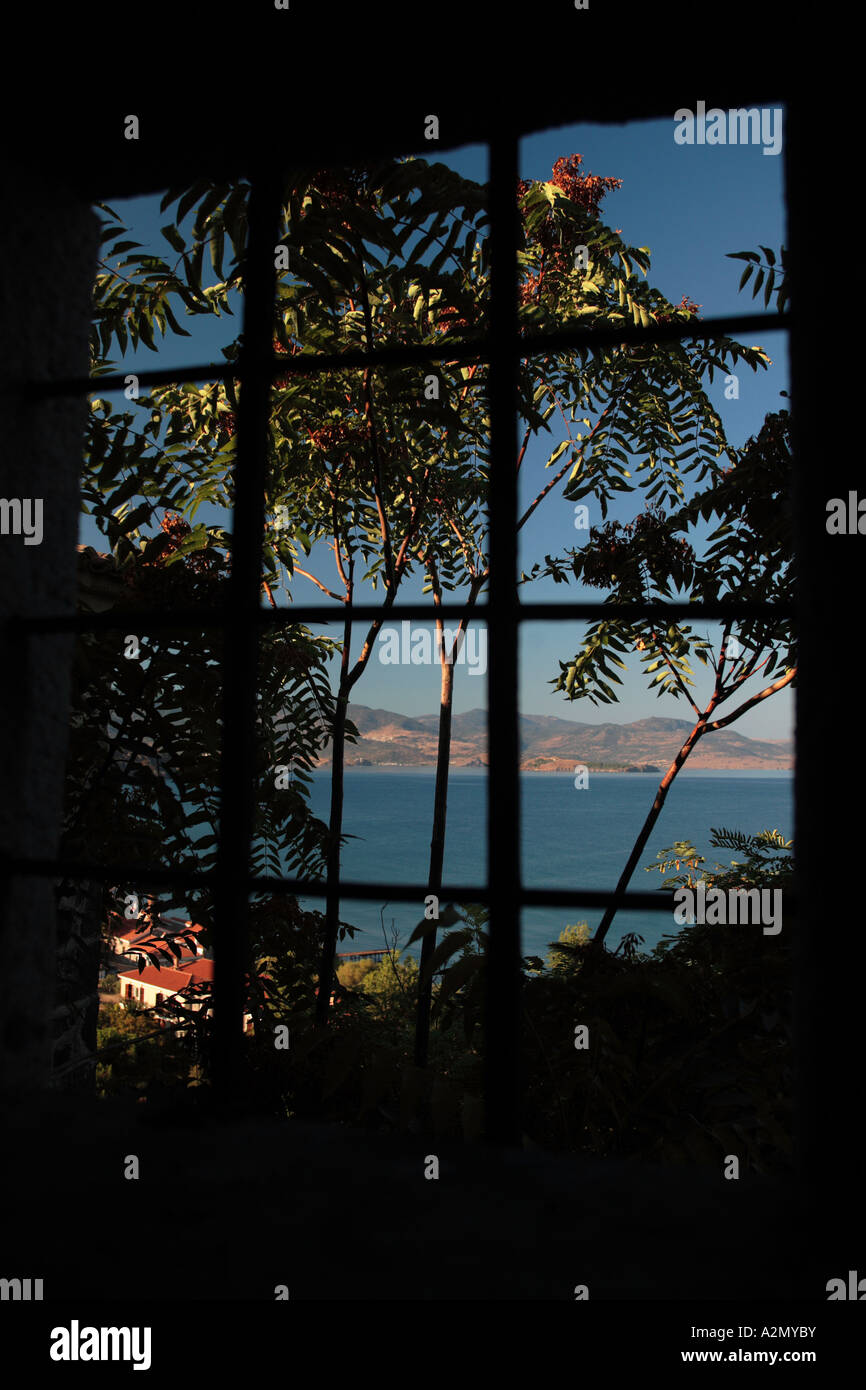 greek coastal view through window Stock Photo - Alamy