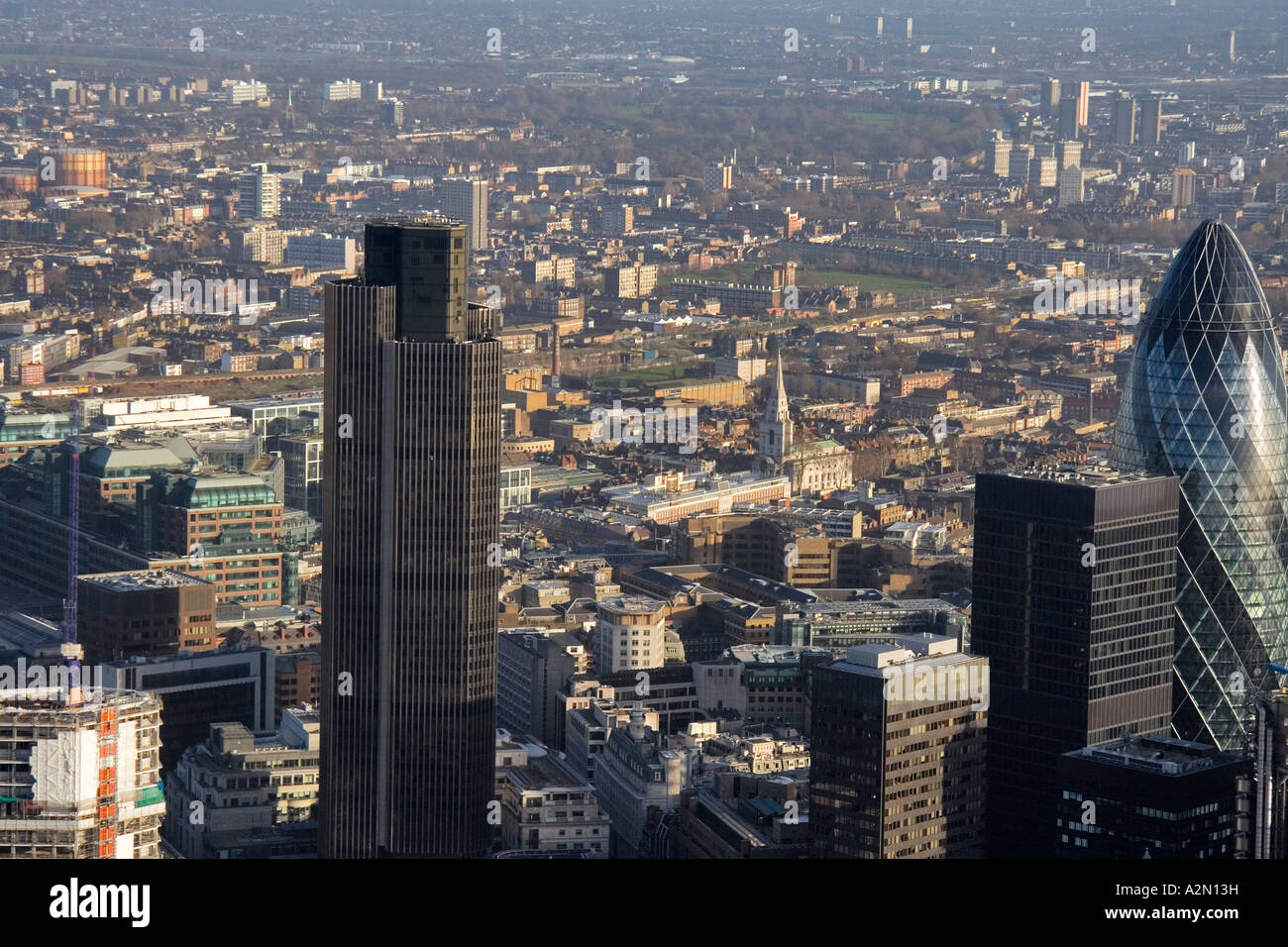 Aerial view of Tower 42 and the Gherkin in the City of London Stock ...