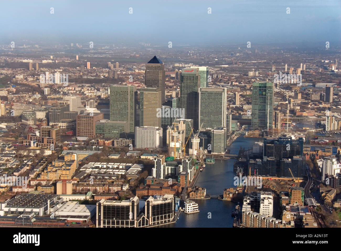 aerial view of the skyscraper offices of Canary Wharf in the regenrated ...