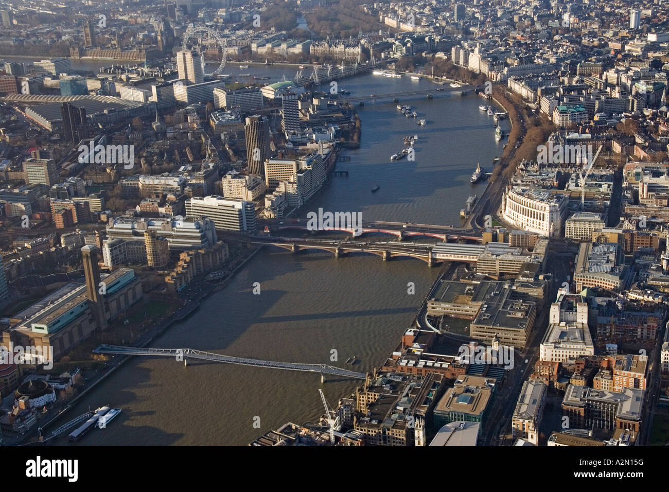 Aerial view of the River Thames as it passes through London showing ...