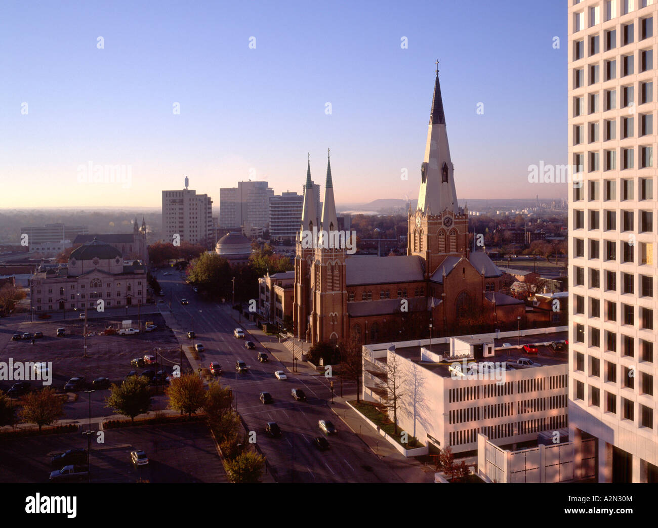 Tulsa Oklahoma usa skyline with Holy family Catholic cathedral Stock ...