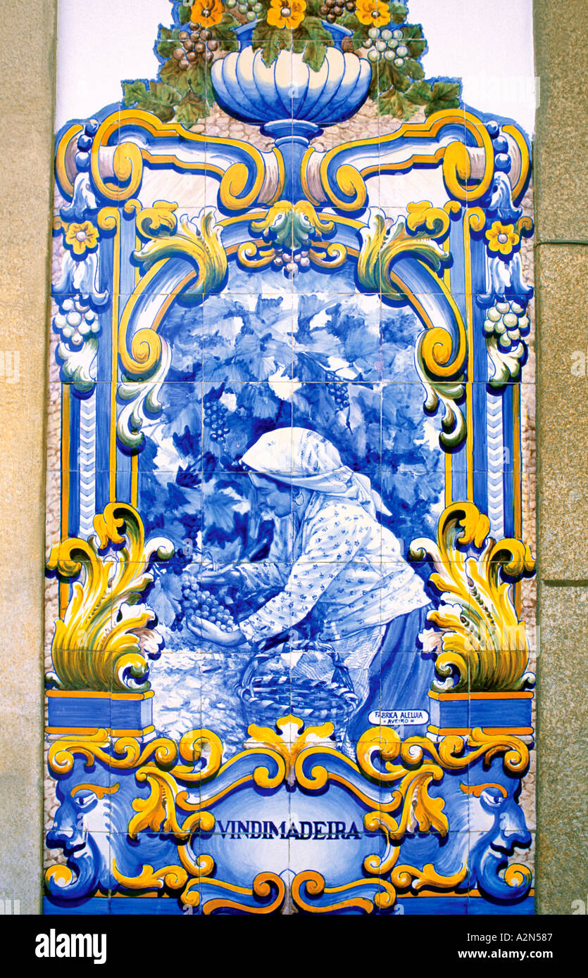 Historic tile showing traditional scenery of the Douro region, Train Sation of Pinhao, Douro ...