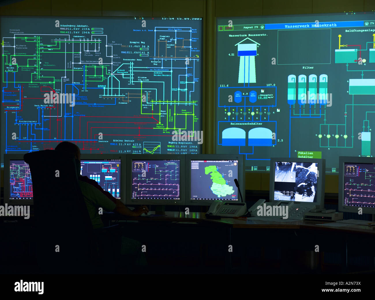 Silhouette of person sitting in control room Stock Photo - Alamy