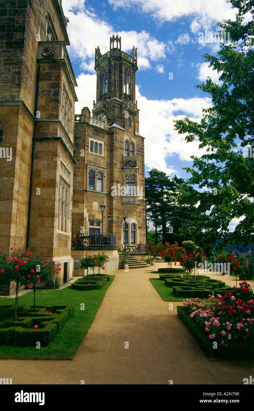 Garden in front of castle, Eckberg Castle, Dresden, Saxony, Germany ...