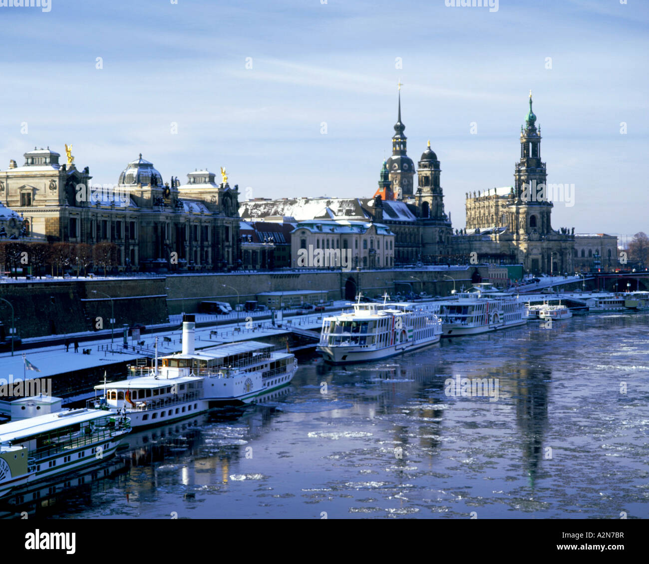 Steamboats at harbor, Elbe River, Church of Our Lady, Hofkirche, Bruhl ...