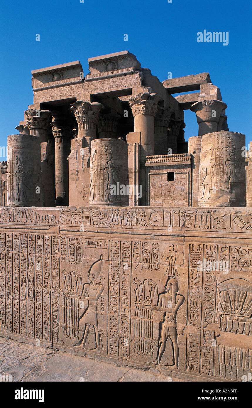 Ancient Egyptian bas relief on wall of temple, Temple Of Kom Ombo, Kom ...
