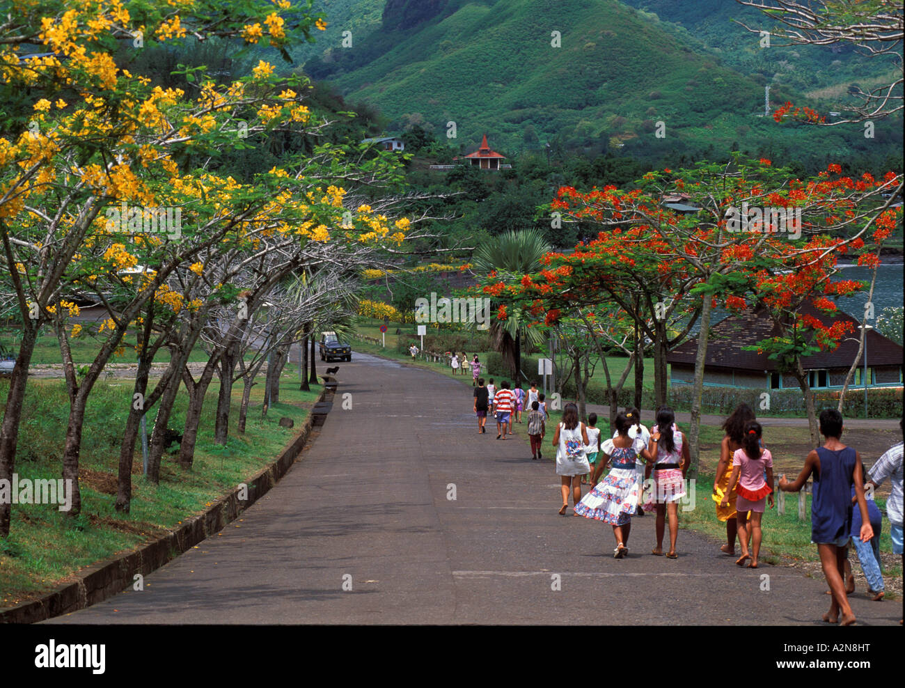 Group of people walking on country road Stock Photo - Alamy