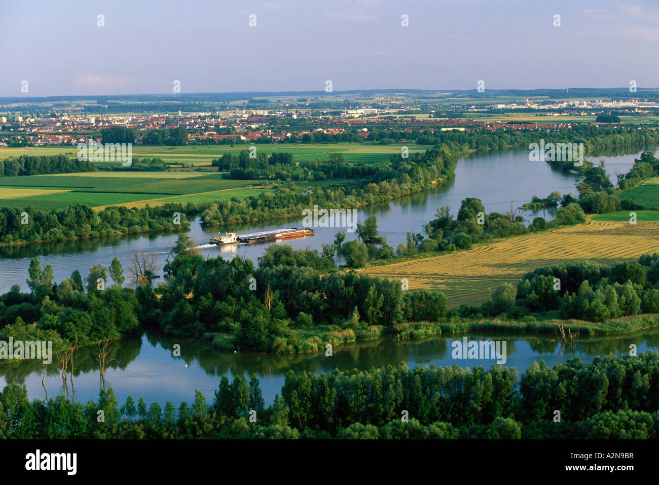 High angle view of boat in river, Danube River, Regensburg, Bavaria ...