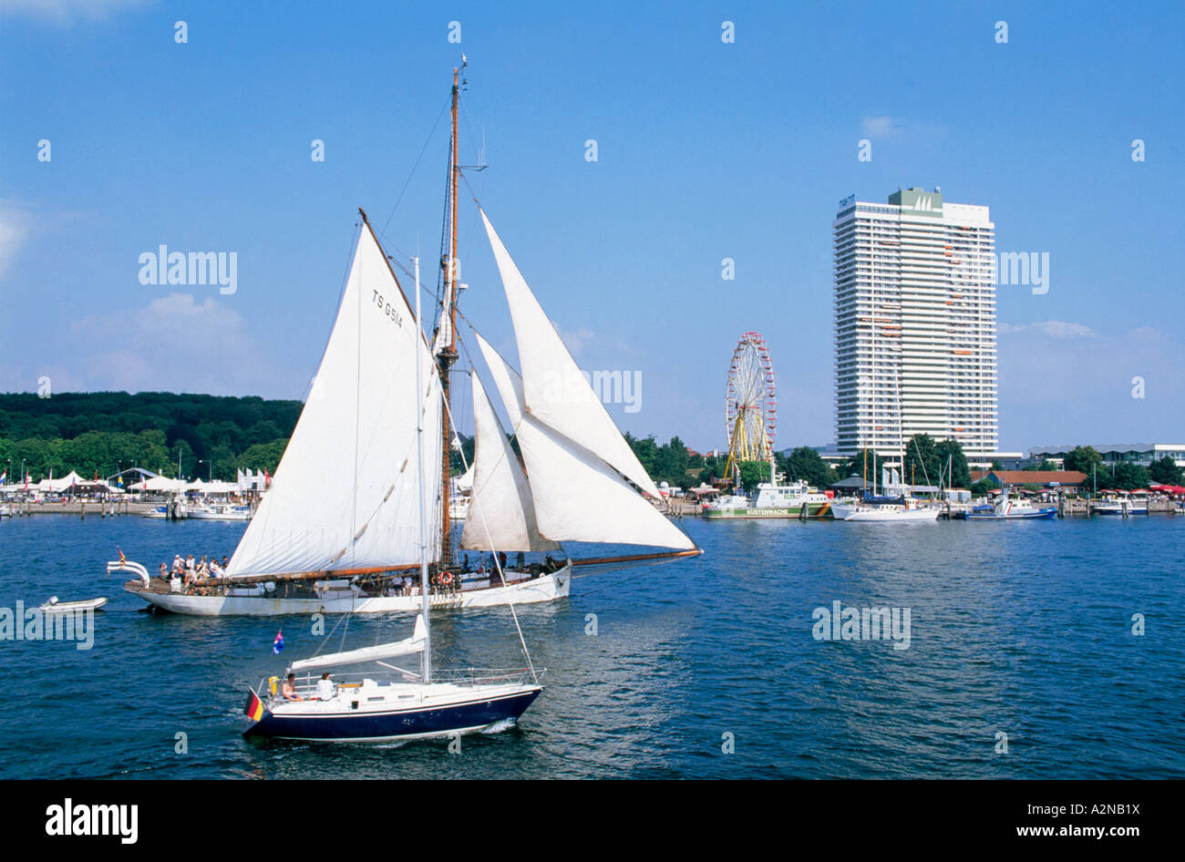 Sailboats in river, Maritim Hotel, Travemuende, Germany Stock Photo - Alamy