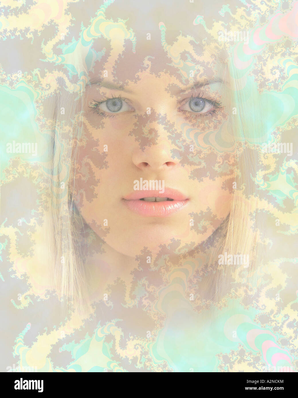 Young woman's face on pattern background Stock Photo - Alamy