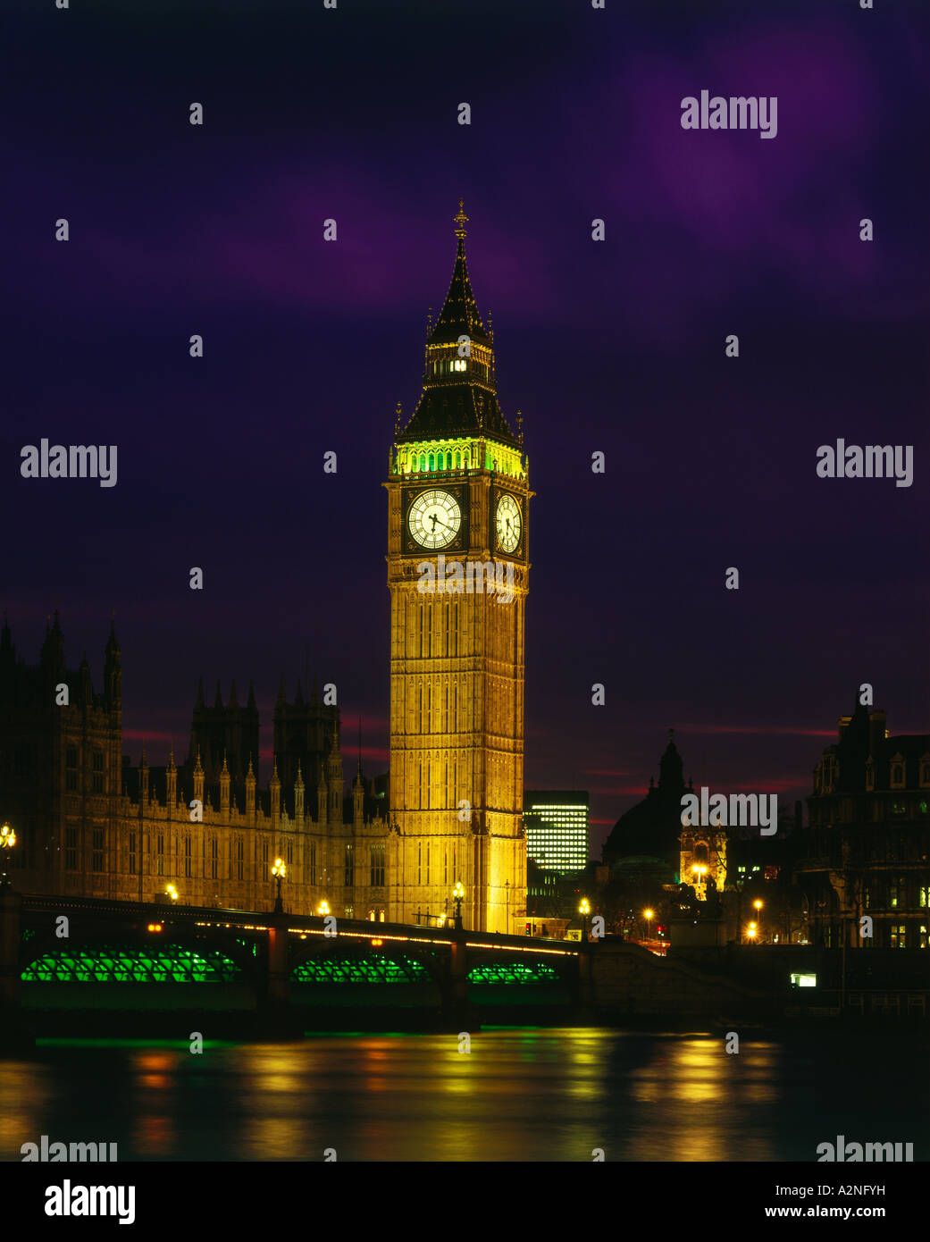 Bell tower lit up at night, Westminster Bridge, Big Ben, Thames River ...