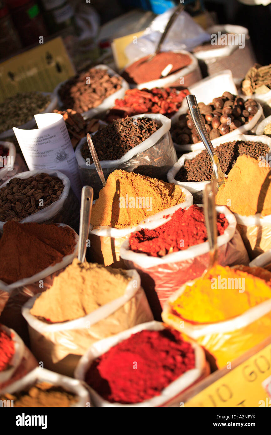 INDIA NORTH GOA ANJUNA WEEKLY MARKET A STALL SELLING SPICES Stock Photo ...