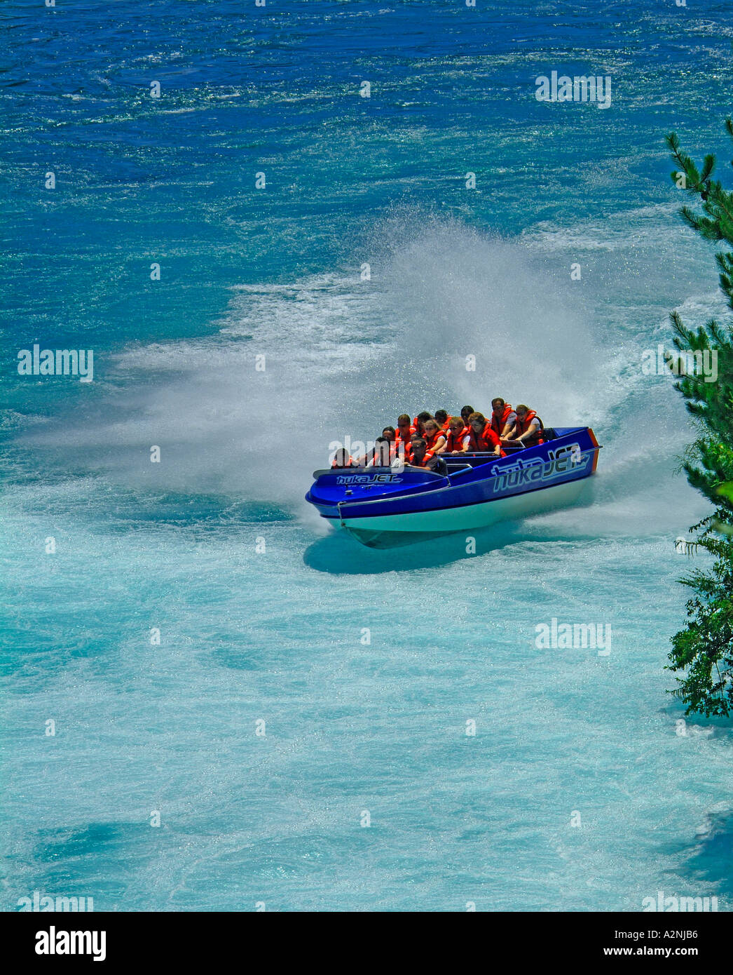 Huka Jet boat at Huka Falls near Taupo Waikato River New Zealand Stock ...