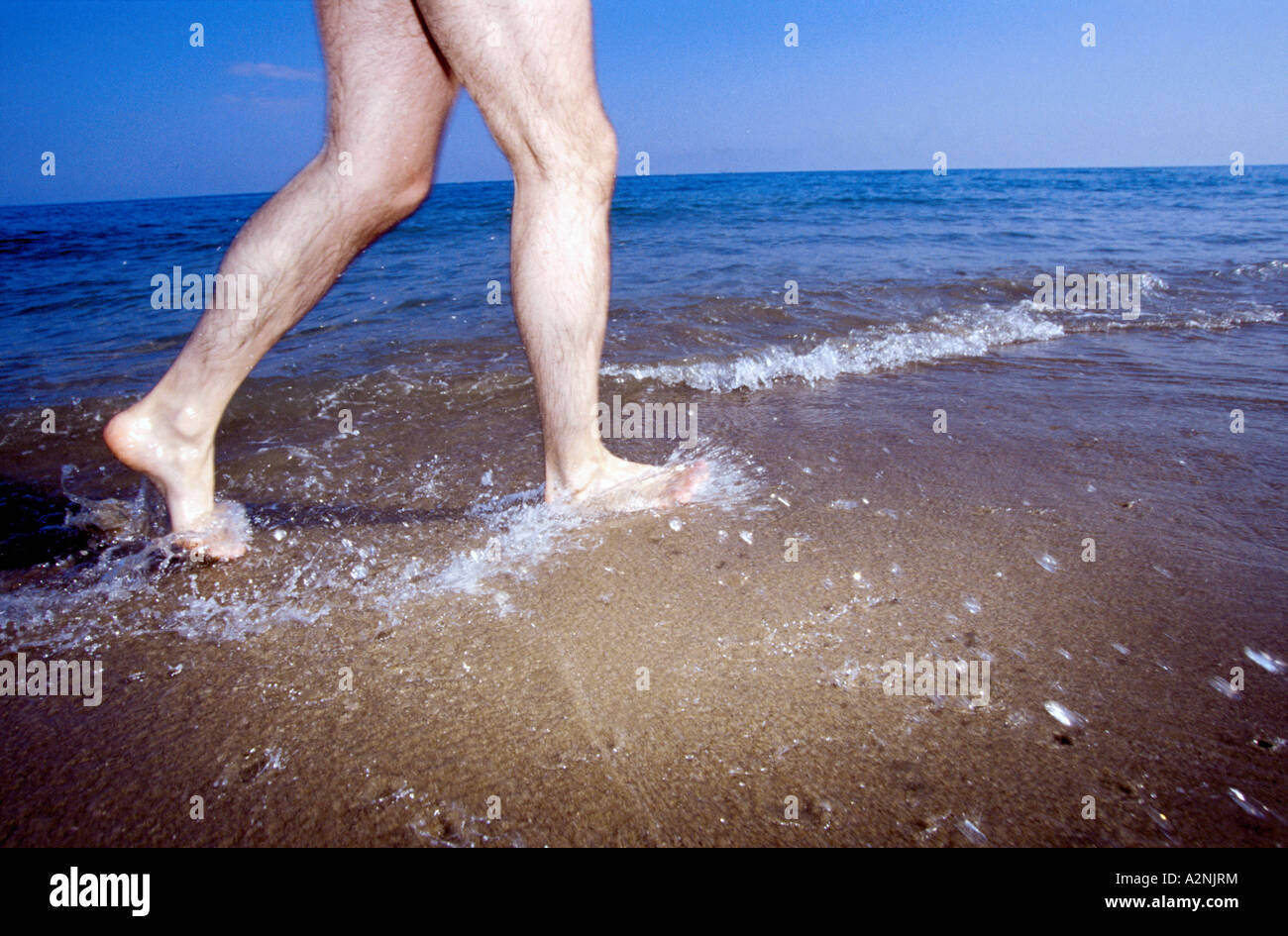 Low section view of man walking in water on beach Stock Photo - Alamy