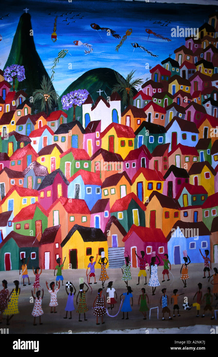 Mural of children in village with kites in sky Stock Photo - Alamy