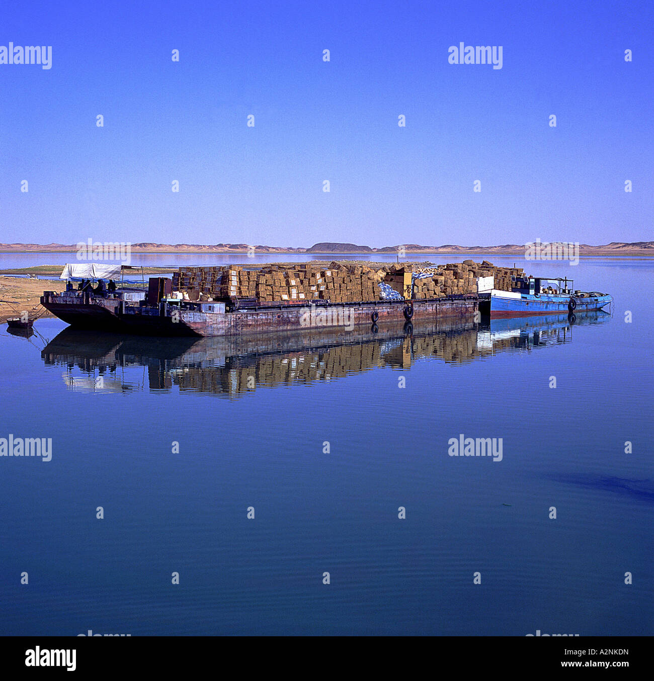 Boat at the lakeside loaded with goods, Wadi Halfa, Lake Nubia, Sudan ...