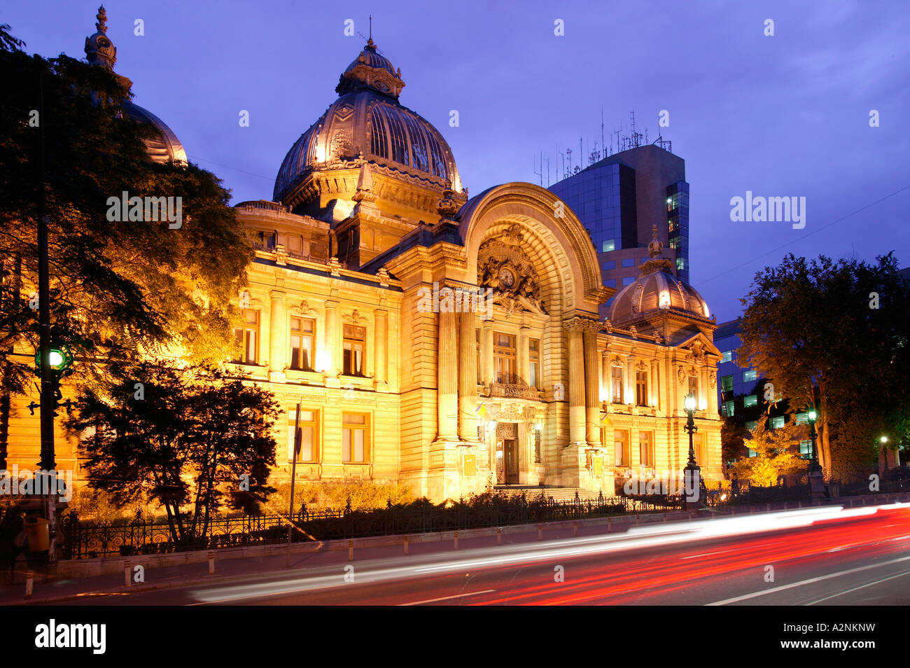 Facade of lit up bank building, Bucharest, Romania Stock Photo - Alamy