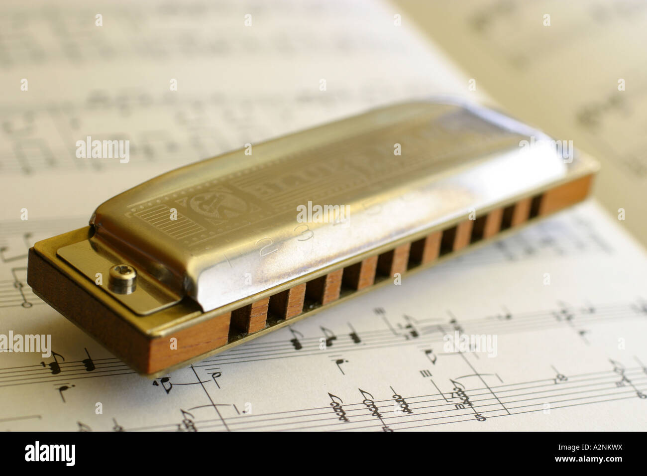 Close-up of harmonica on sheet music Stock Photo - Alamy