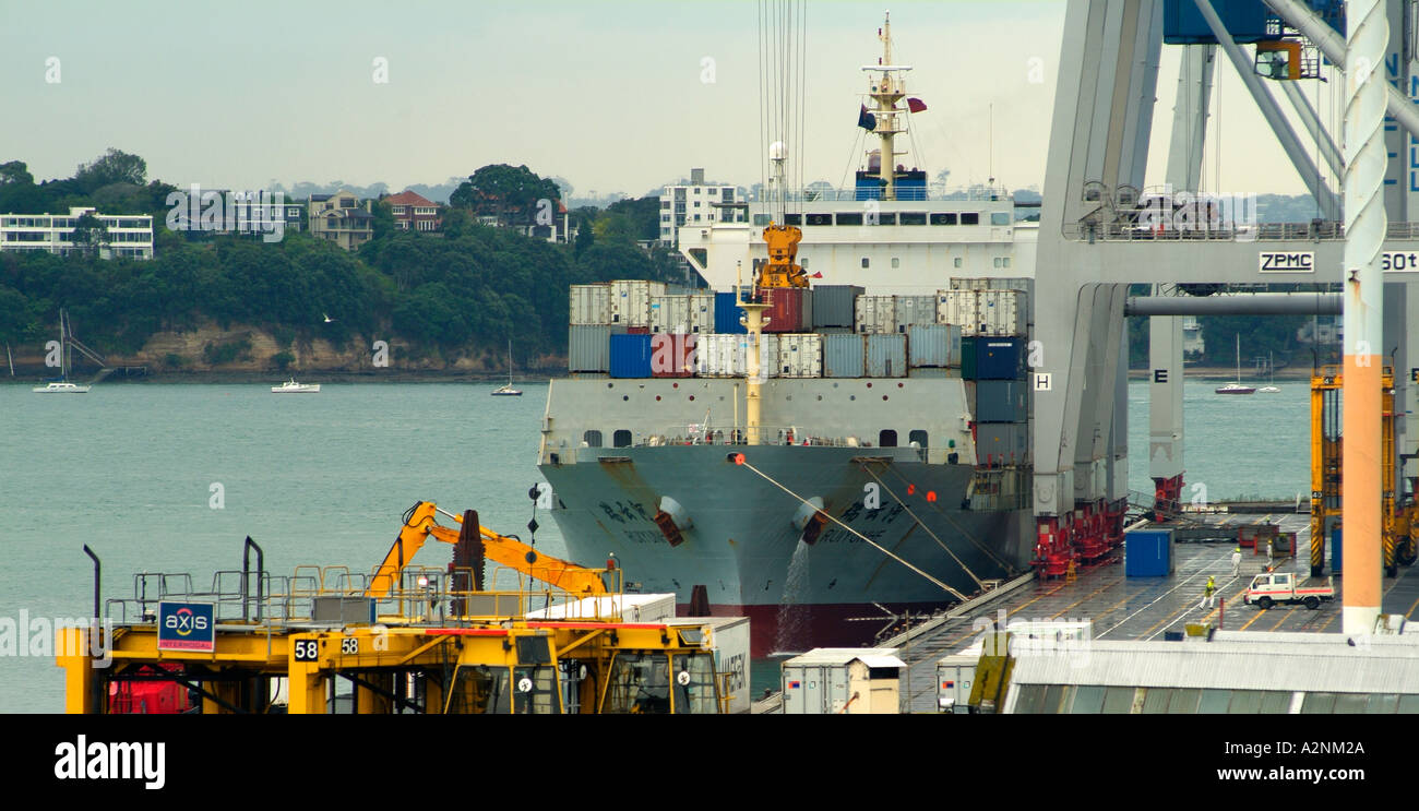 Port of Auckland docks with container crane gantries ship unloading ...
