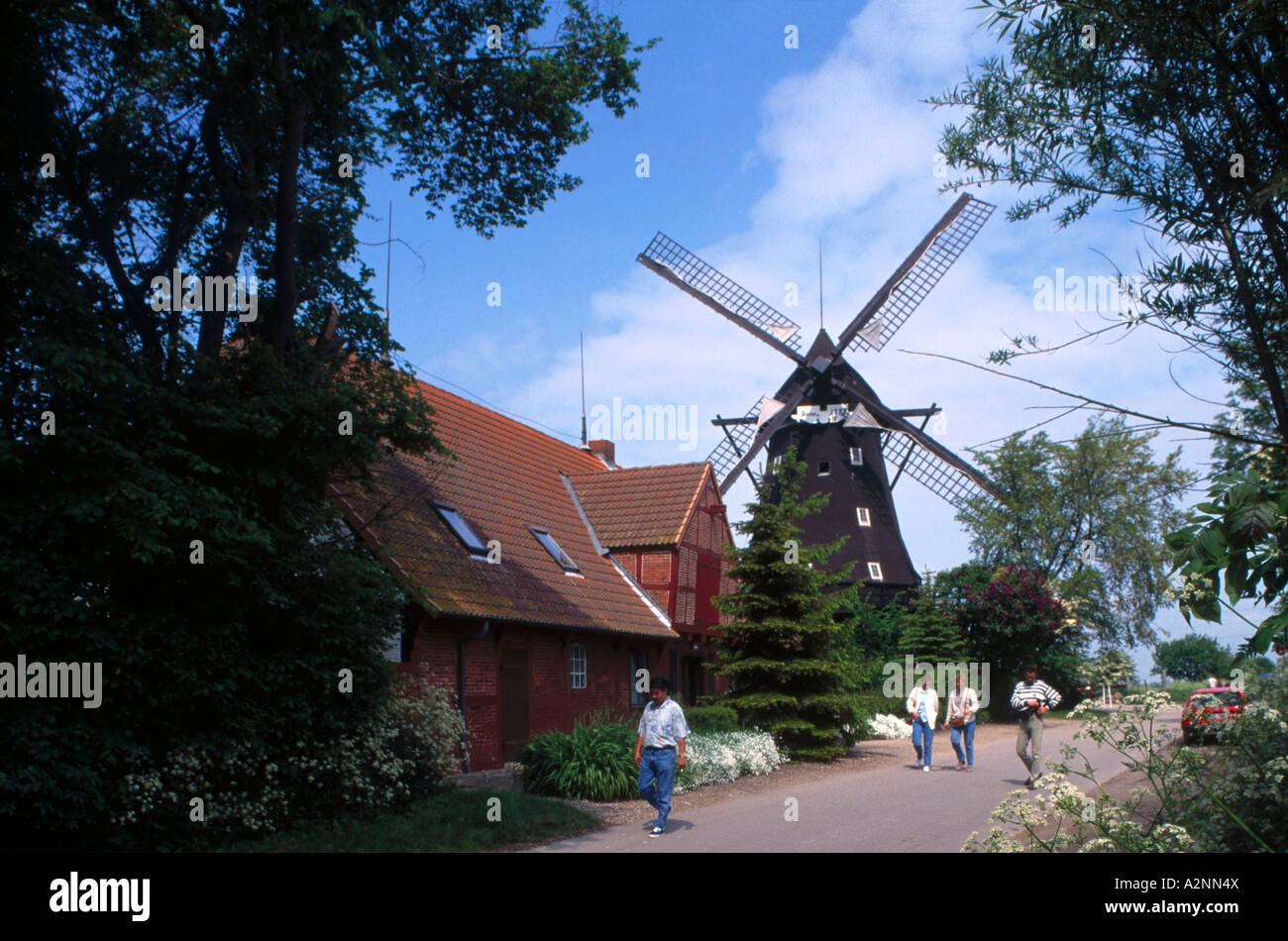 People walking besides traditional windmill, Lemkenhafen, Fehmarn ...