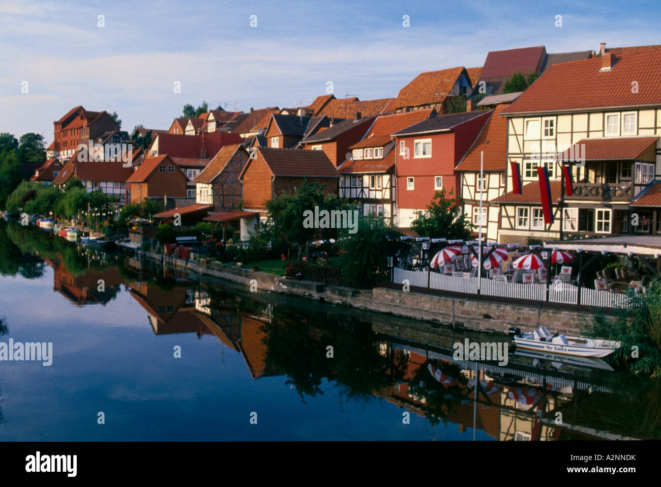 Reflection of houses in water, Werra River, Bad Sooden-Allendorf, Hesse ...