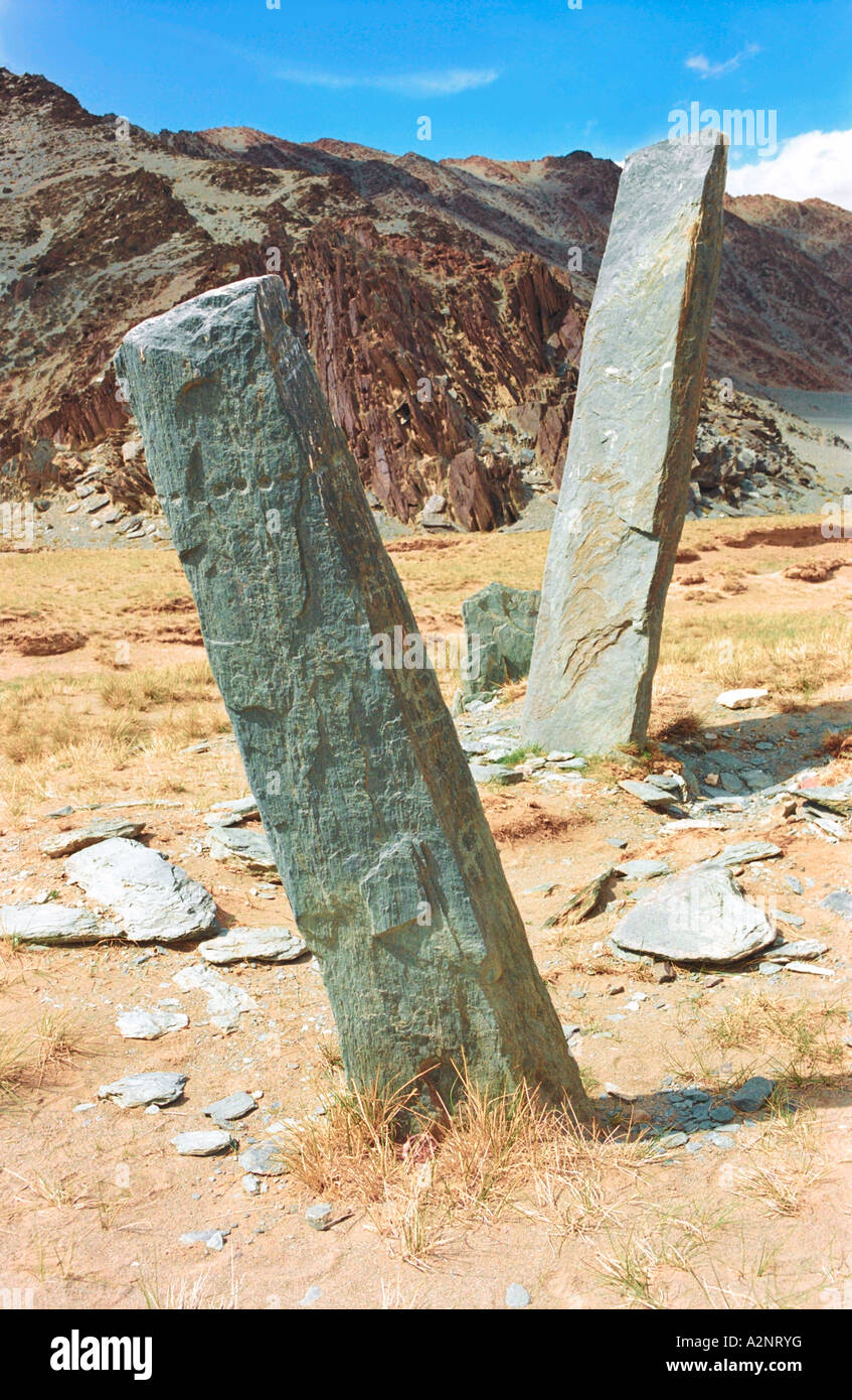 Ancient stone figurines. Barun Gol river’s valley. Khovd aimag ...
