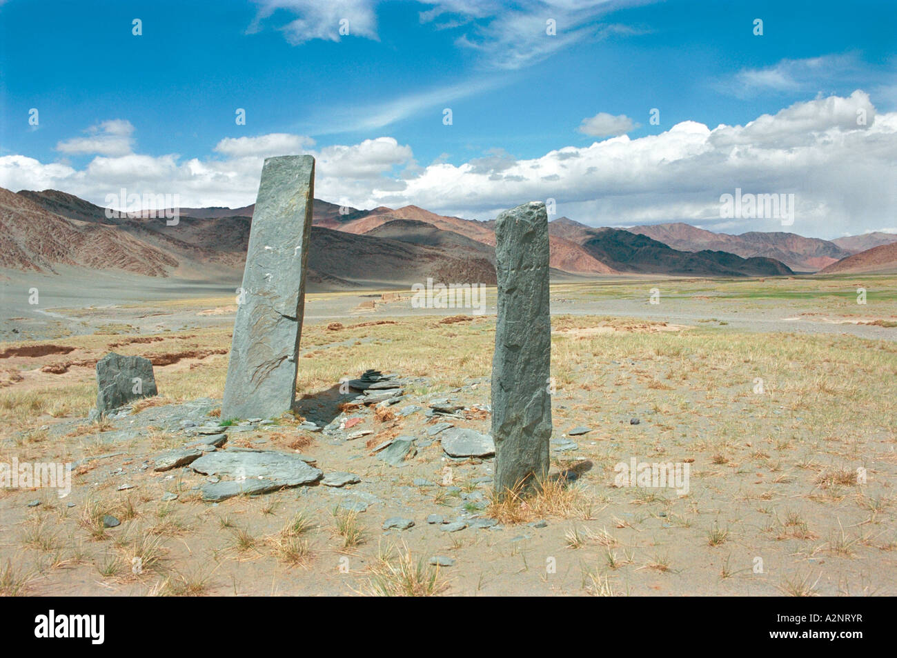 Ancient stone figurines. Barun Gol river’s valley. Khovd aimag ...