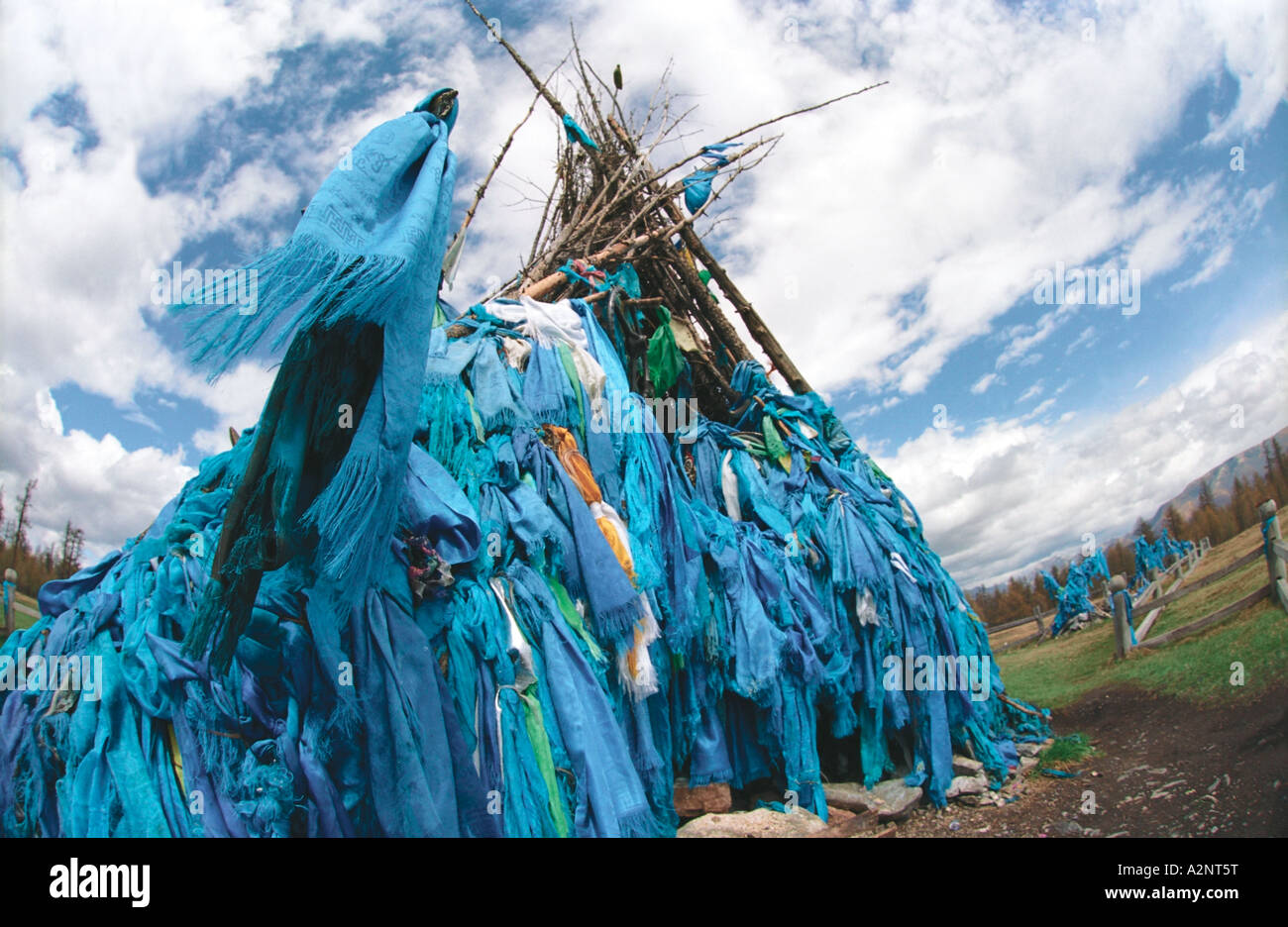 Obo - traditional Mongolian cult construction and ritual tent. Top of ...