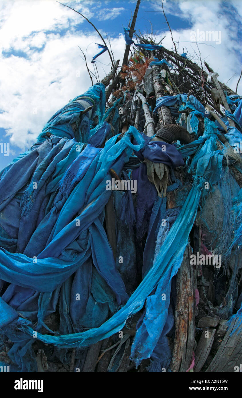 Obo - traditional Mongolian cult construction and ritual tent. Top of ...