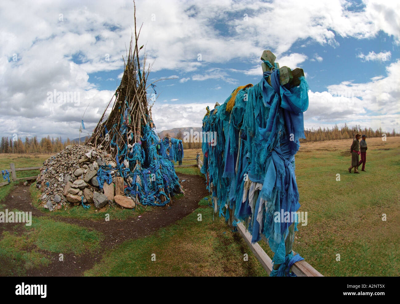 Obo - traditional Mongolian cult construction and ritual tent. Top of ...