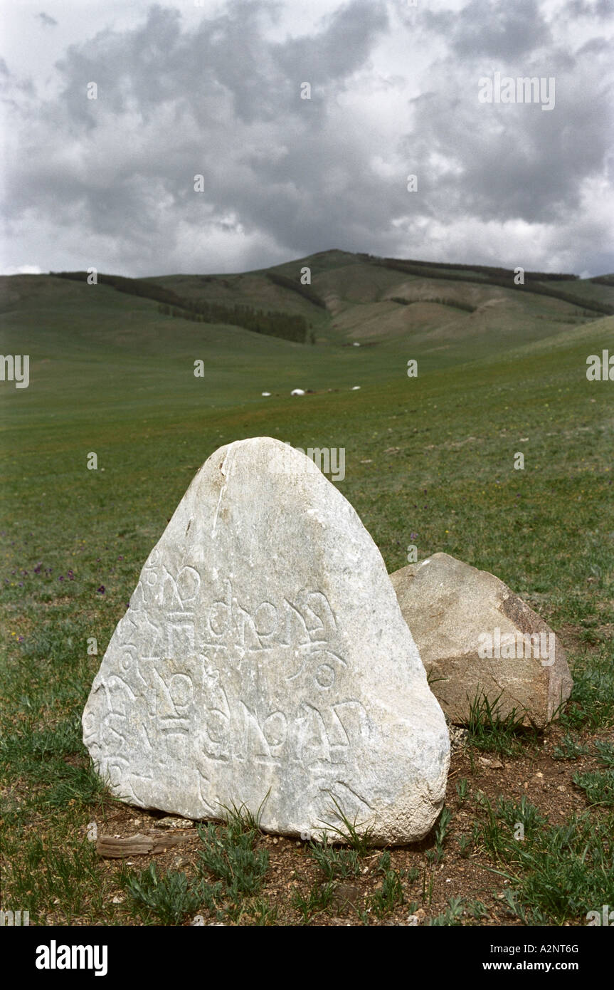 Ritual stone with blessing wishes. Khatgal village (somon) nearby ...