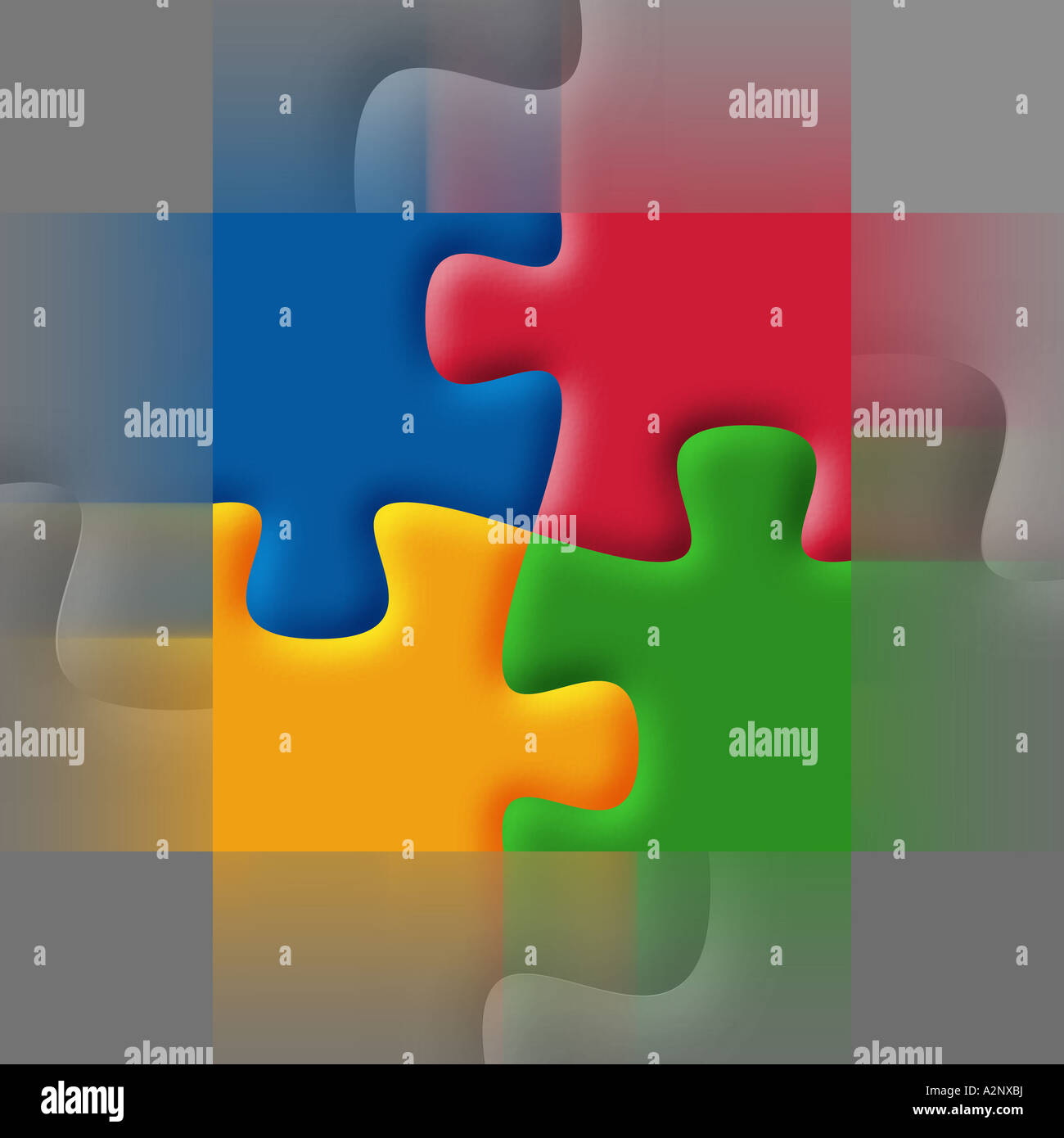 Four brightly colored jig saw puzzle pieces at center with subtle grey ...