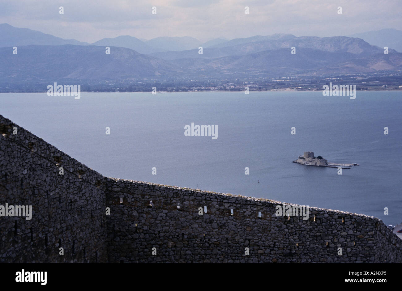GREECE NAFPLIO View over wall of Palamidi Fort, islet fort of Bourtzi ...