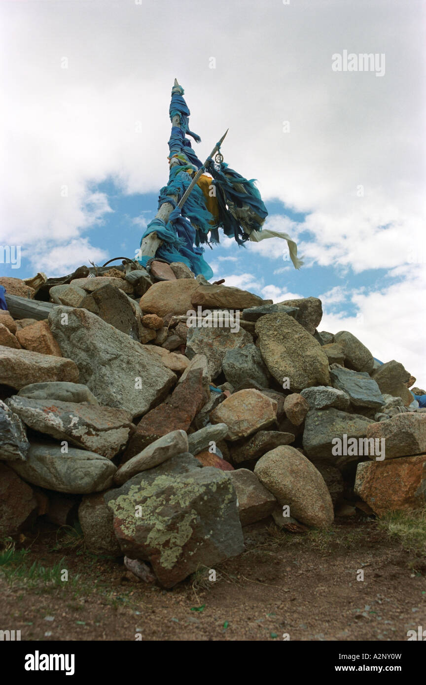 Obo - traditional Mongolian cult construction. Top of the pass near ...