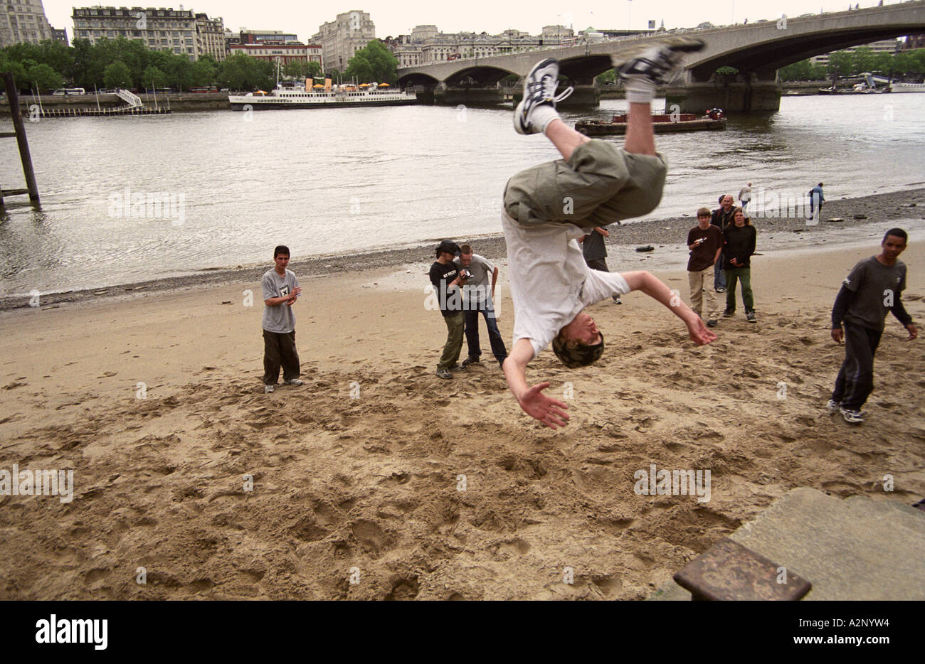United Kingdom, England, London Youths on the South Bank performing ...