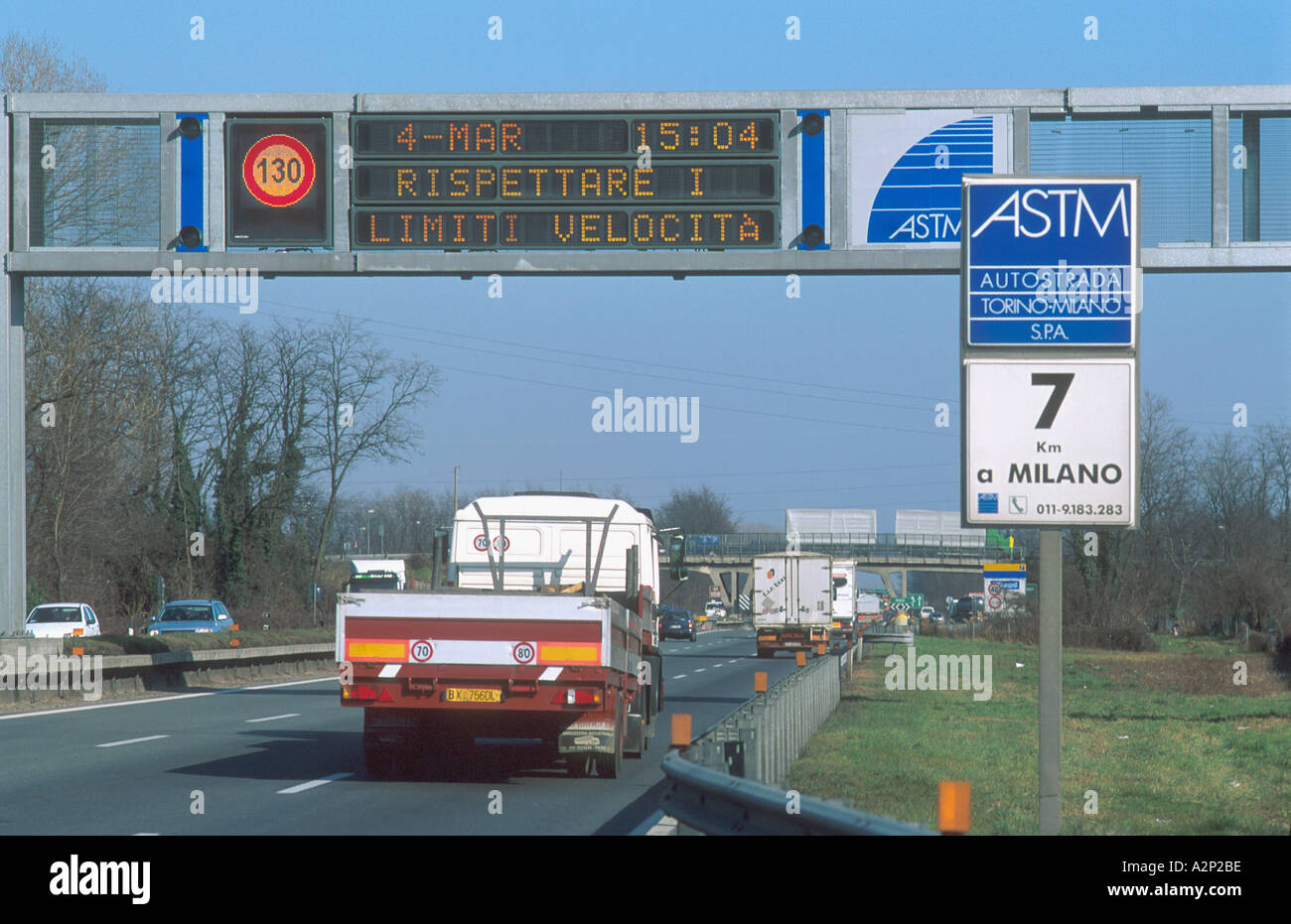 Speed limit signs change with conditions along Autostrada near Milan ...