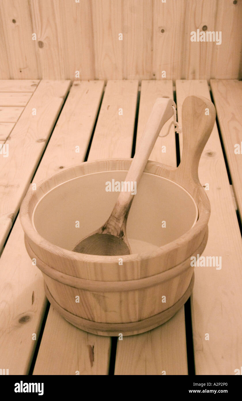 Stock photo of a wooden water bucket in a sauna Stock Photo - Alamy
